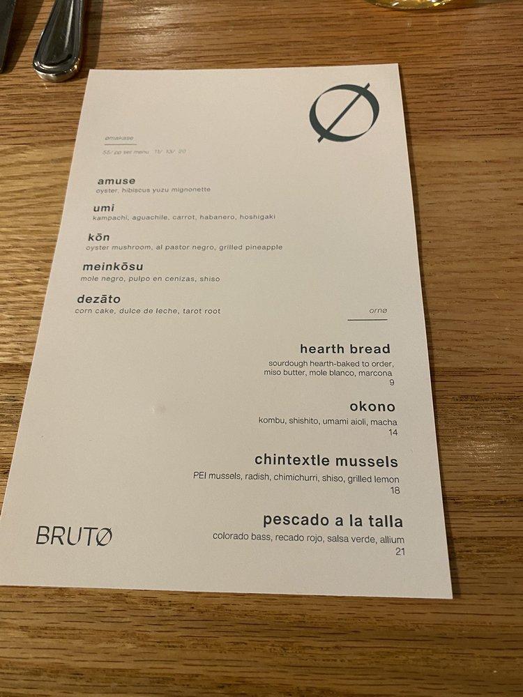 Menu at BRUTO cafe, Denver