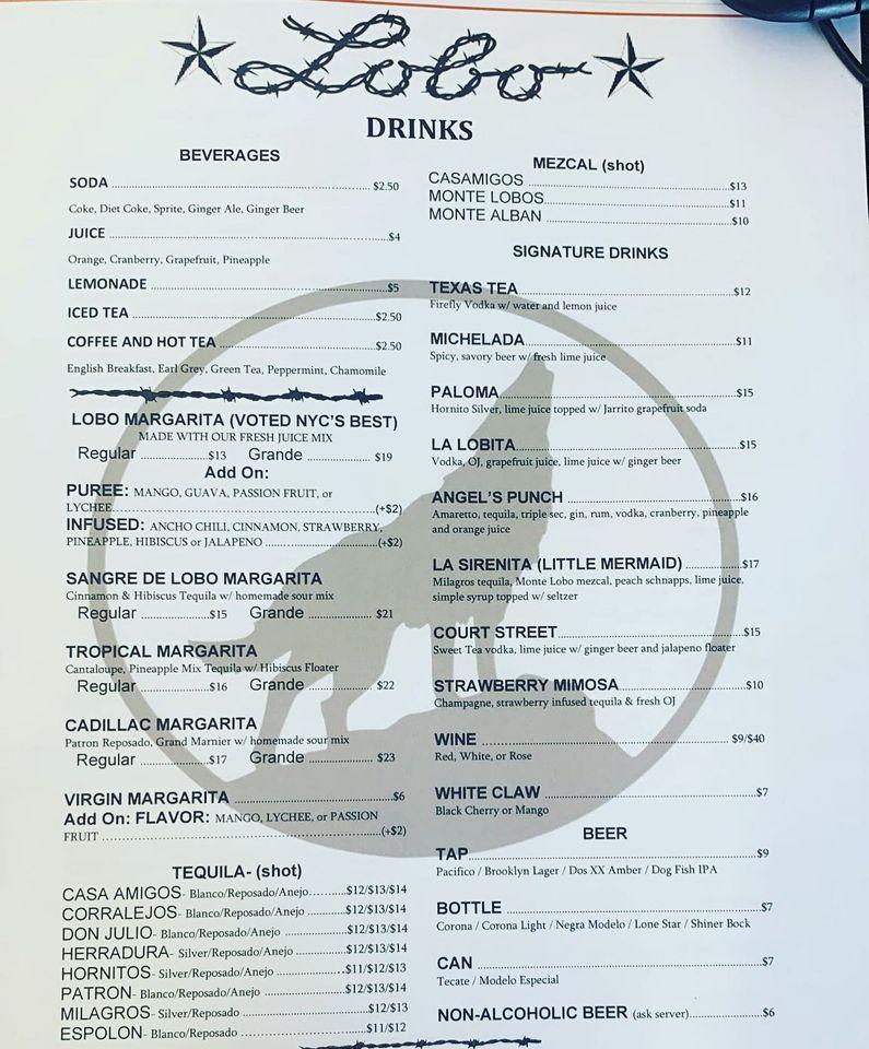 Carta del pub y bar Lobo, Nueva York, 218 Court St