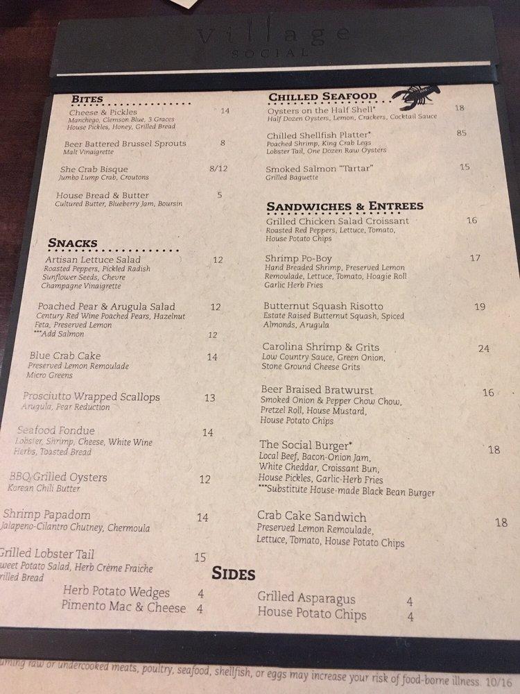 Menu at Village Social, Asheville