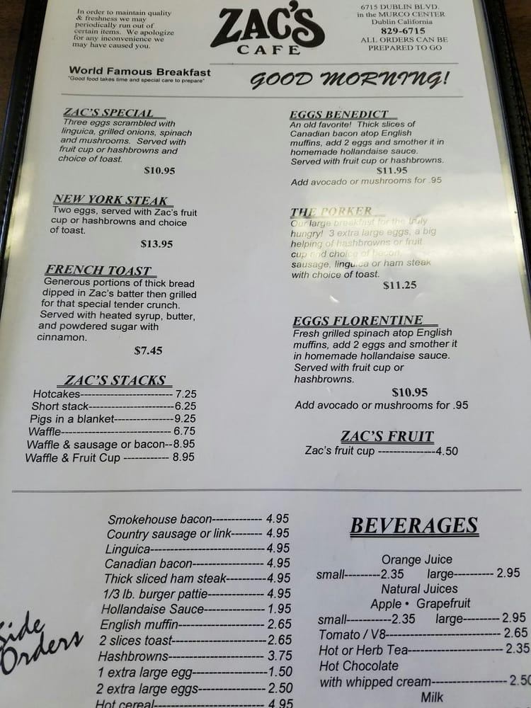 Menu at Zac's Cafe, Dublin