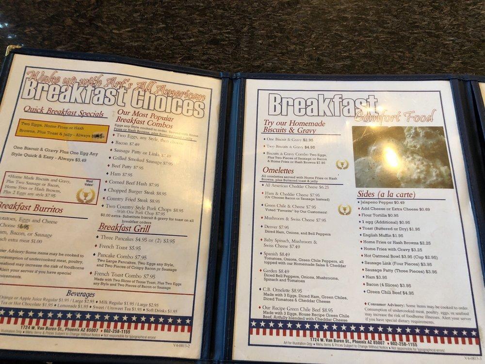 Menu at Art's All American Cafe, Phoenix