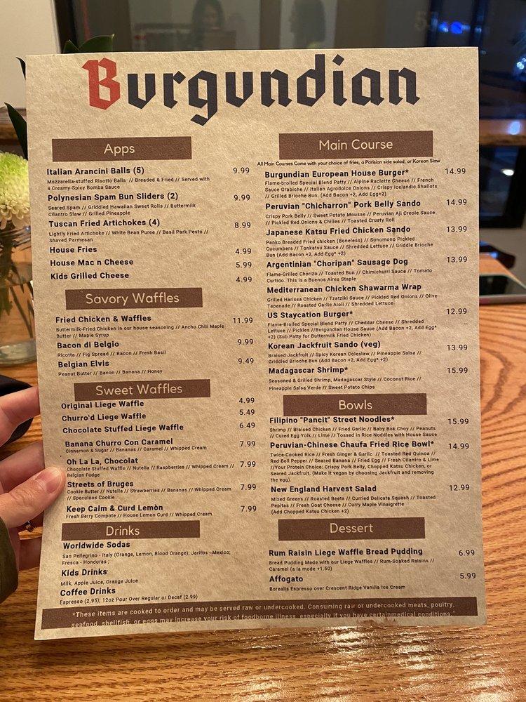 Menu at Burgundian restaurant, Attleboro