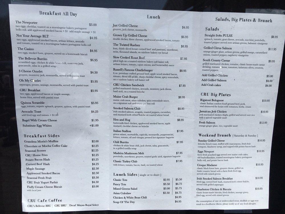 Menu at CRU Café cafe, Newport
