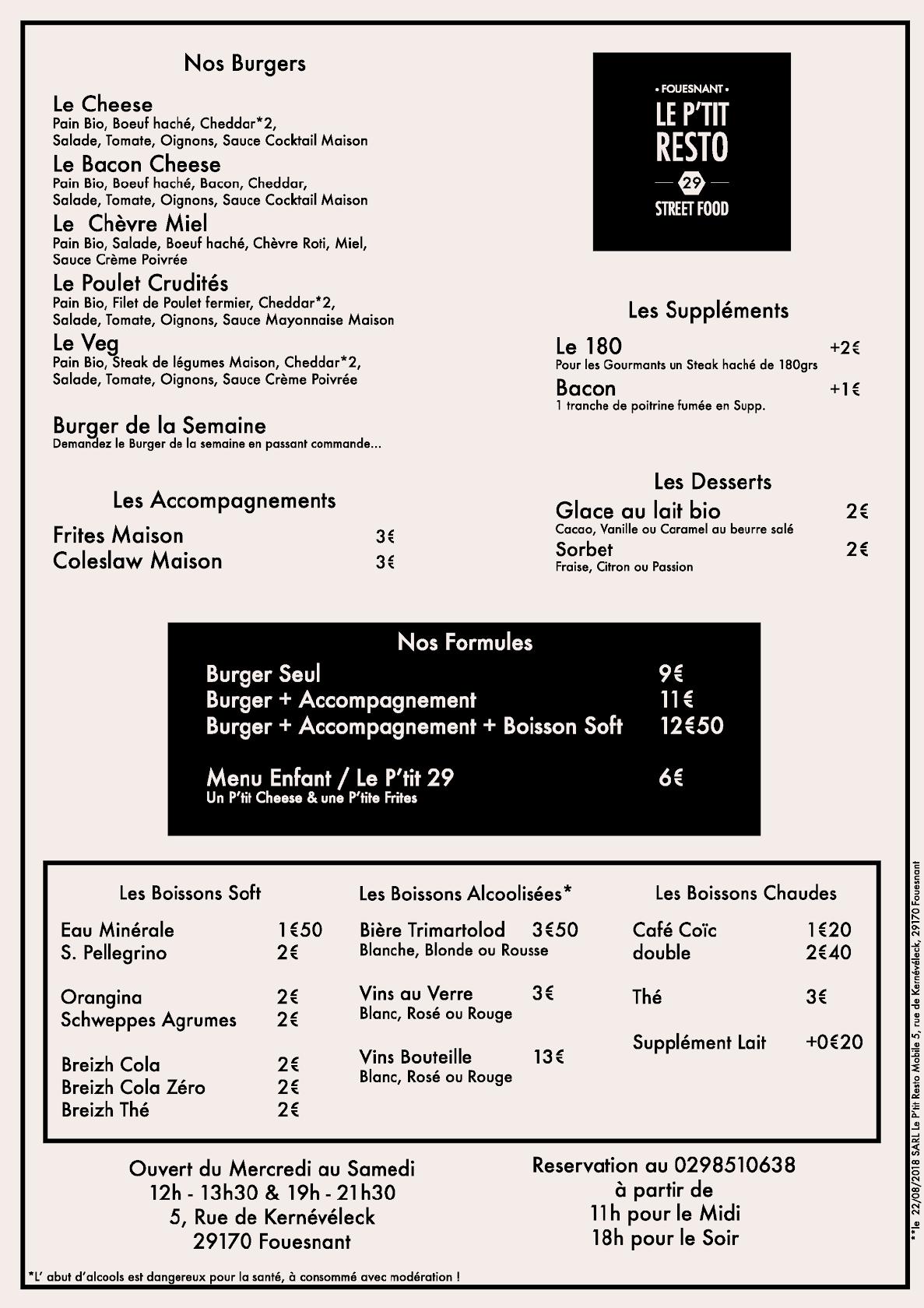 Menu at Le P'tit Resto 29 restaurant, Fouesnant