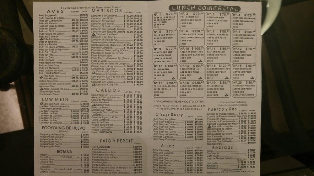 Carta del restaurante Lung Mon, Tijuana