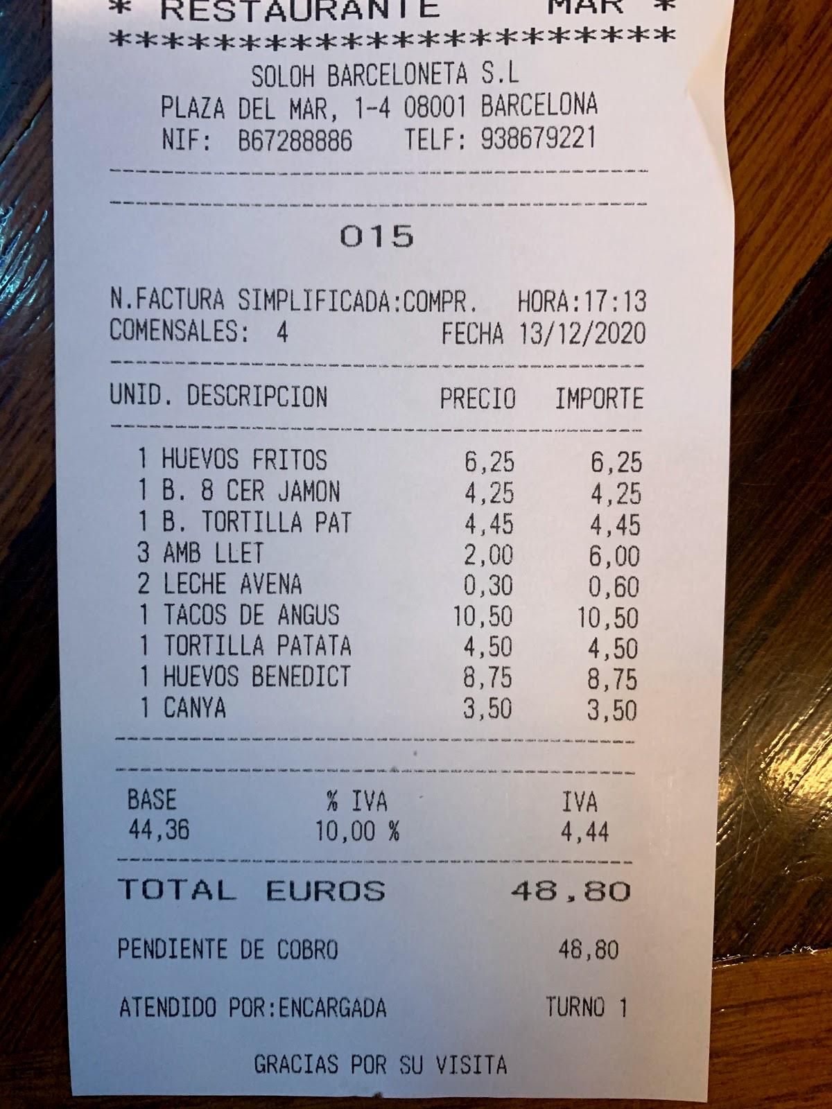 Menu at Mar beach restaurant bar, Barcelona