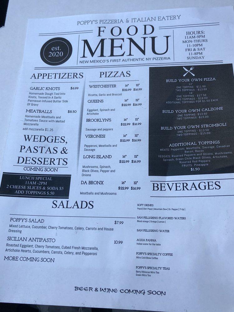 Menu at Poppy's Healthy Meals pizzeria, Albuquerque