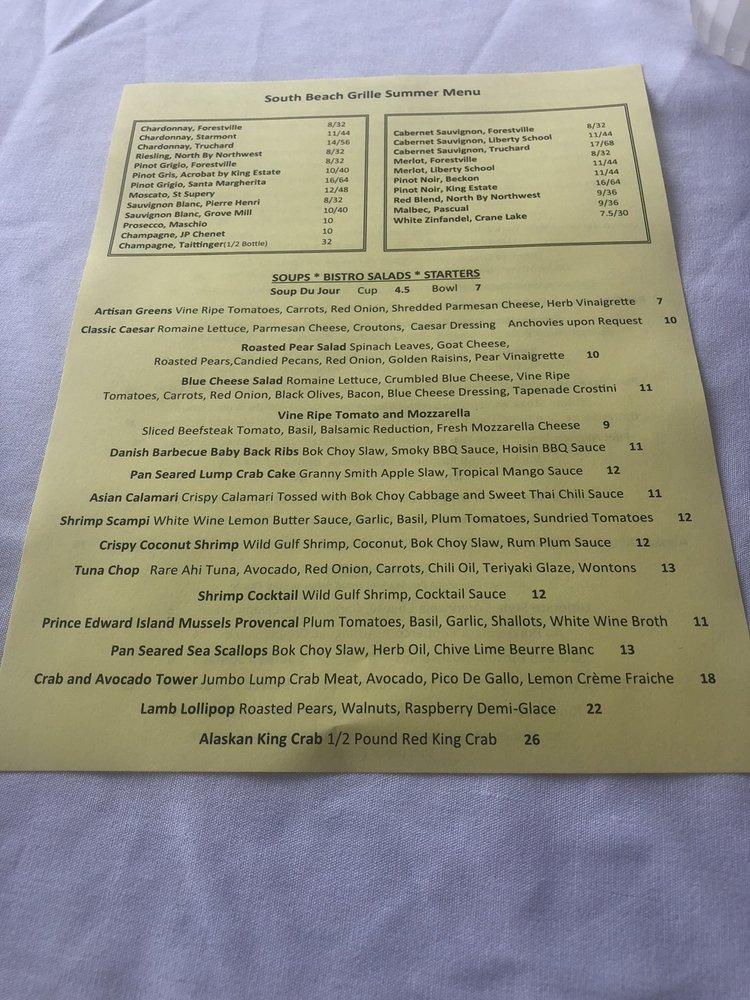 Menu at SOUTH BEACH GRILLE steakhouse, Fort Myers Beach