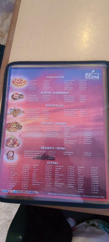 Menu at Sunset pub & bar, San Miguel de Cozumel