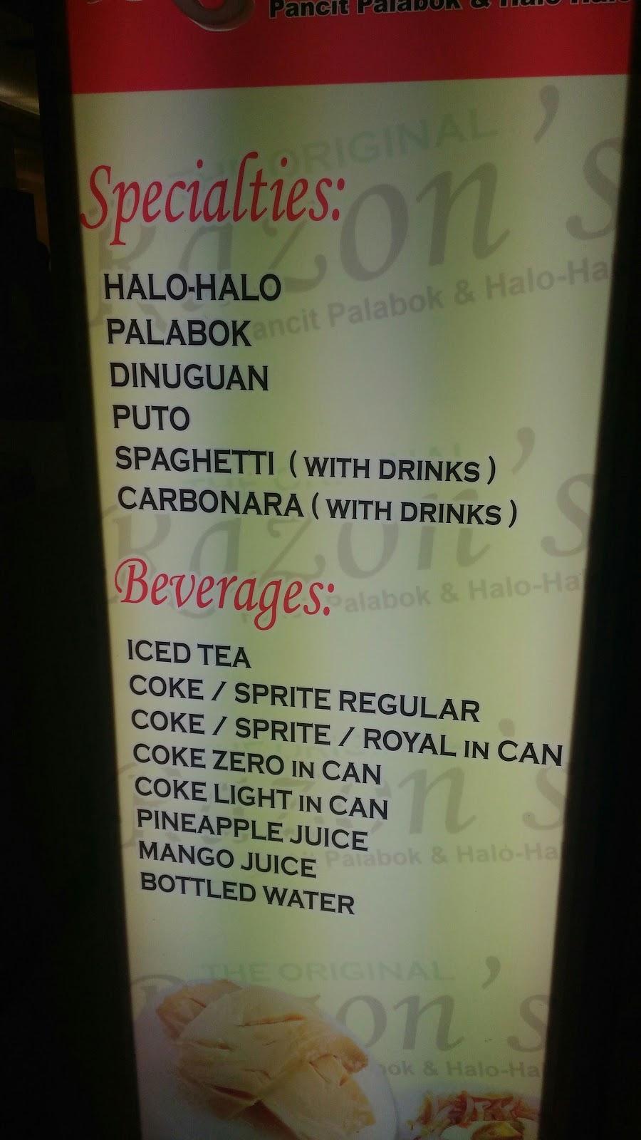 Menu at The Original Razon's Pancit Palabok & Halo-halo pub & bar ...