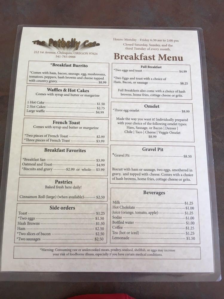 Menu at The Potbelly Cafe, Chiloquin