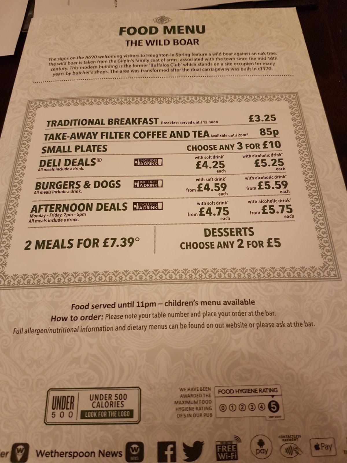 Menu at The Wild Boar - JD Wetherspoon pub & bar, Houghton le Spring ...