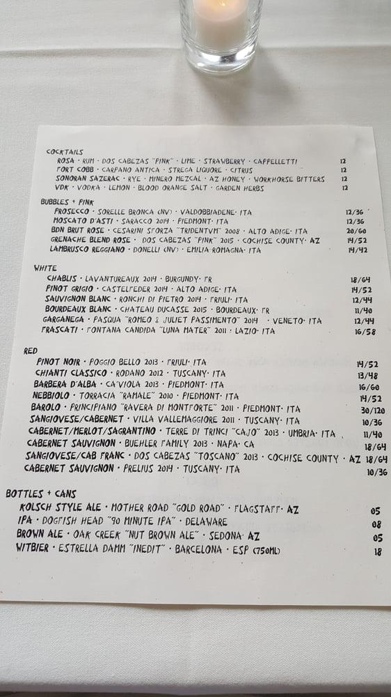 Menu at Tratto pub & bar, Phoenix, E Van Buren St