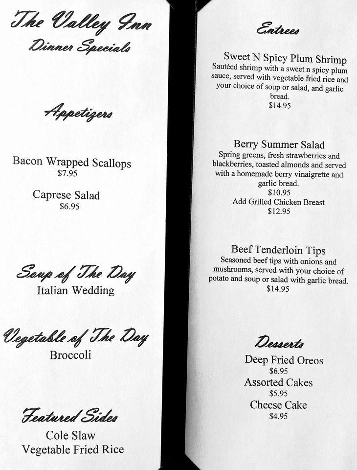 Menu at Valley Inn pub & bar, Williamsport