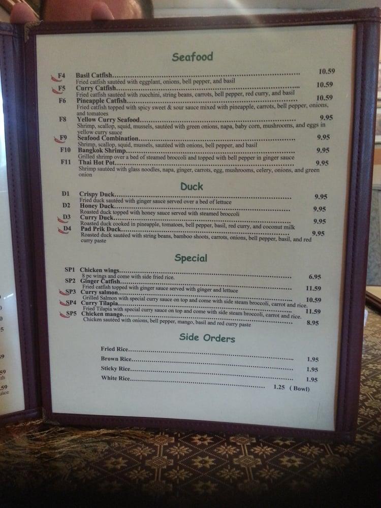 Menu at Thai Jasmine restaurant, Fayetteville