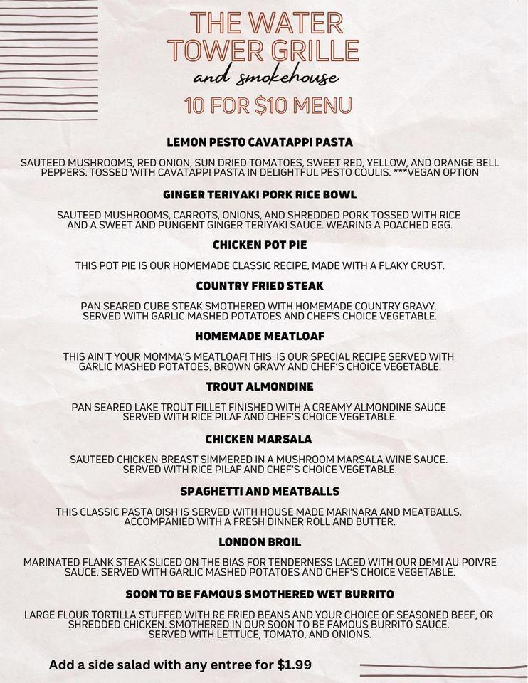 Menu at Water Tower Grille and Smokehouse pub & bar, Belding