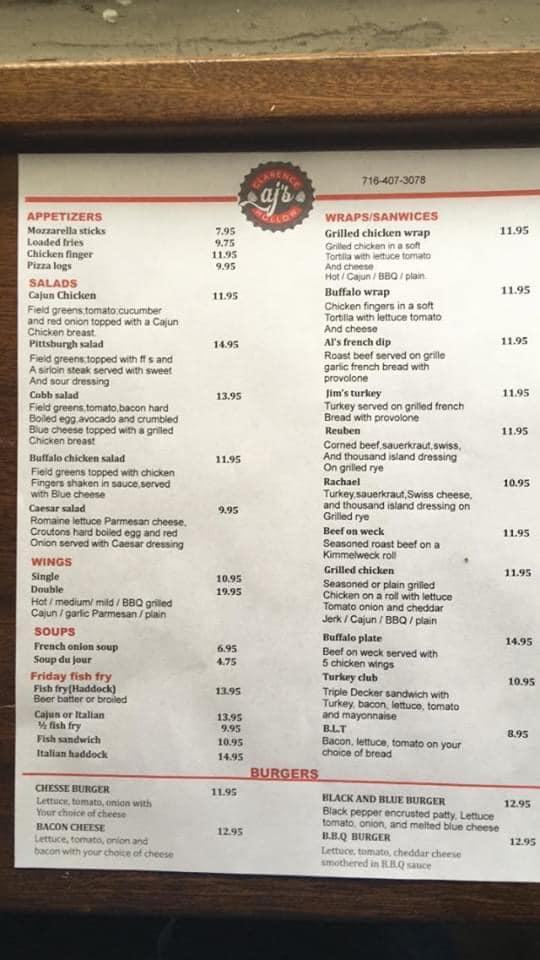 Menu at Aj's pub & bar, Clarence