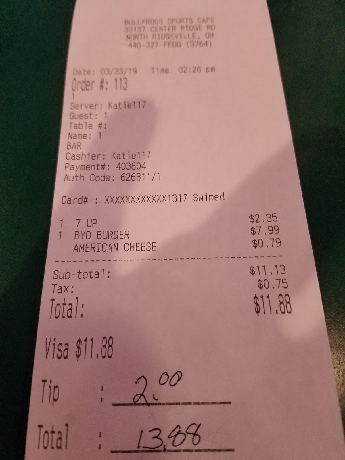 Menu at Bullfrog's Sports Café pub & bar, North Ridgeville