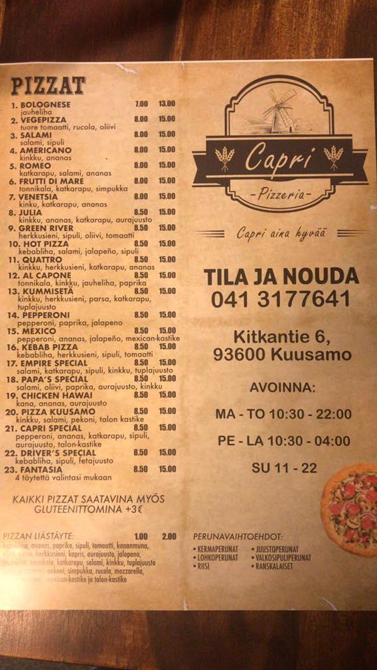 Menu at Capri Pizzeria, Kuusamo