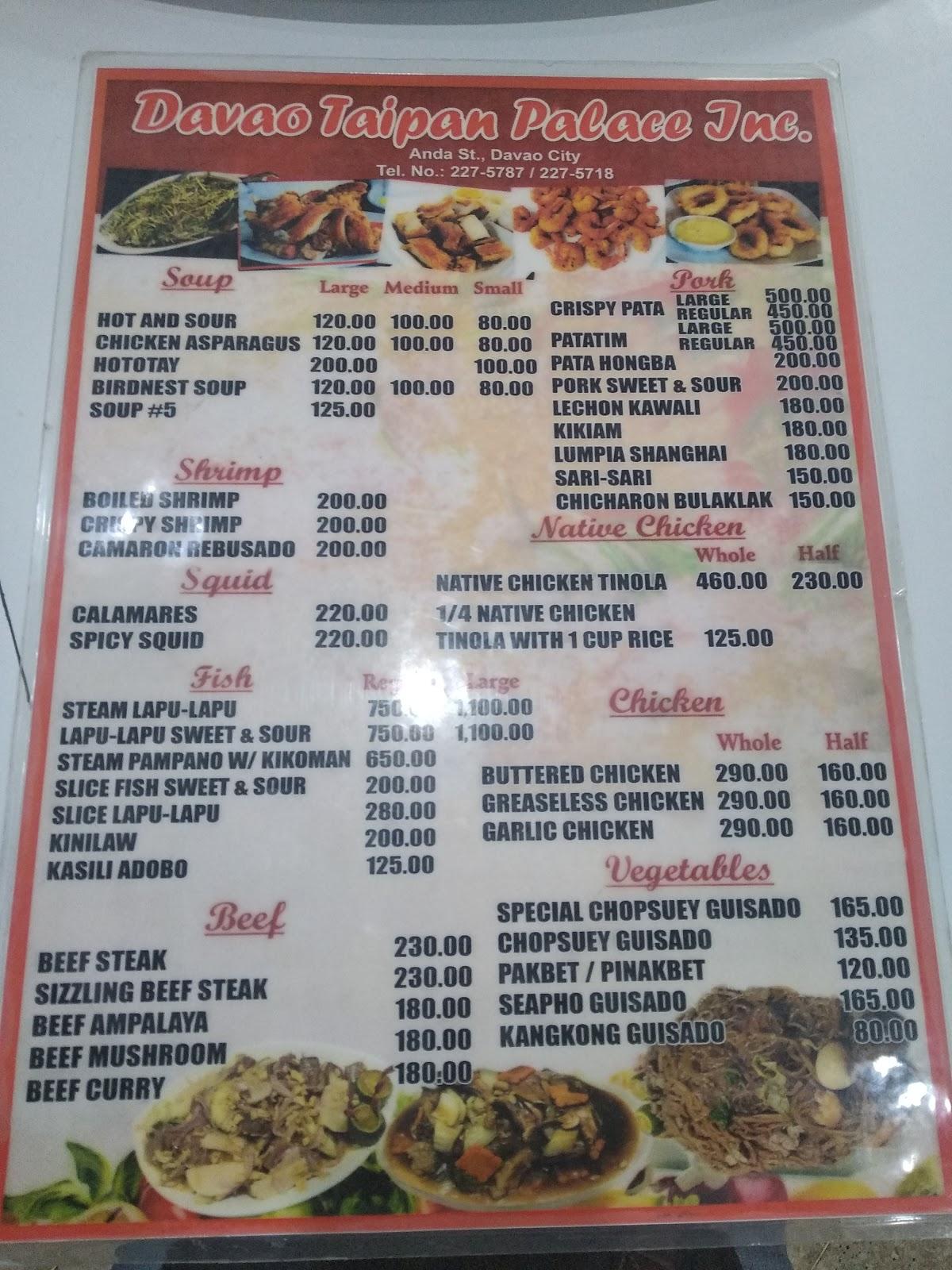 Menu at Davao Tai Pan Palace Inc. restaurant, Davao City