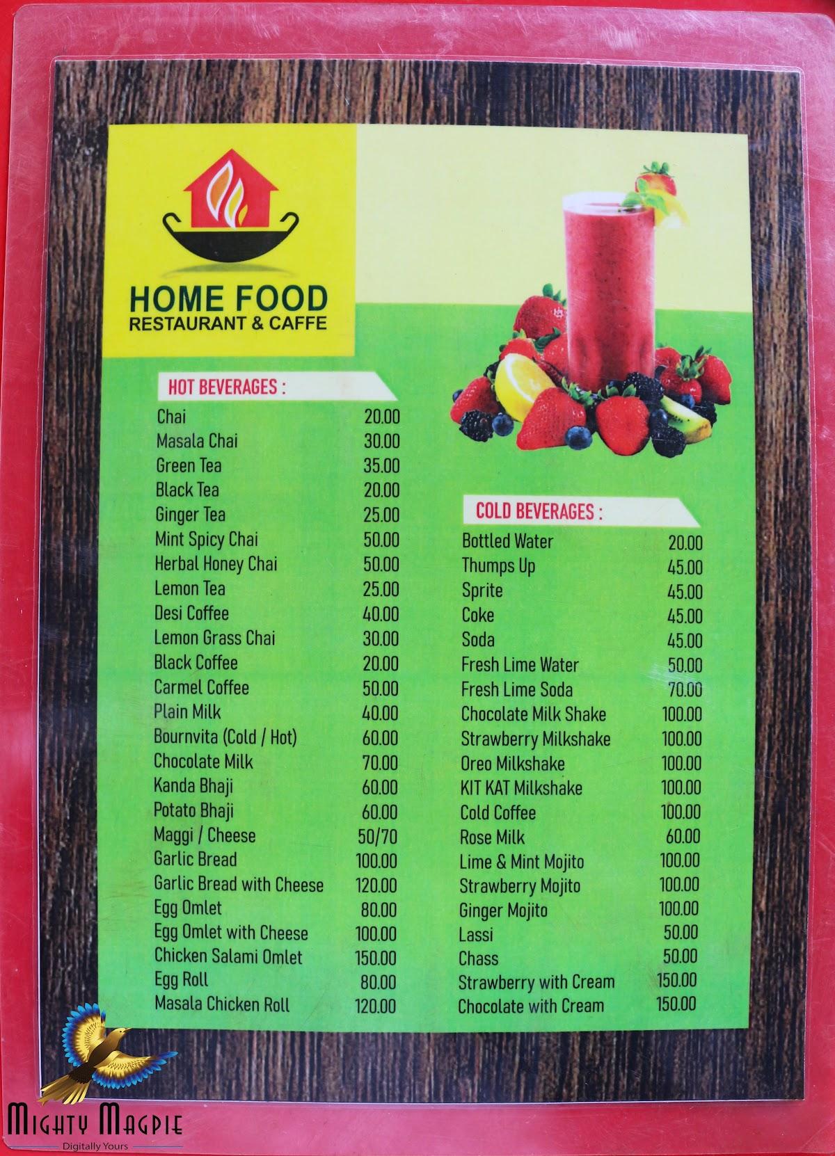 Menu at Home Food Restaurant and Cafe, Panchgani