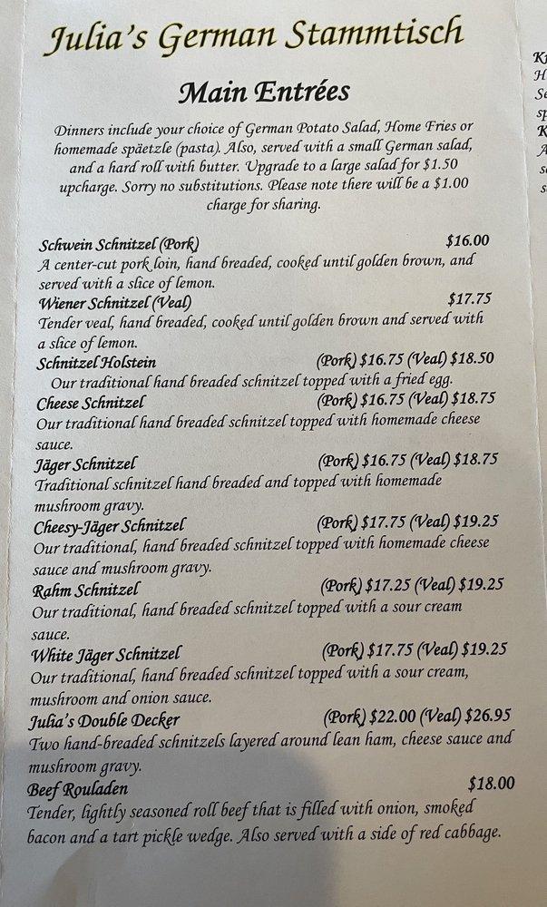 Menu at Julia's German Stammtisch restaurant, Columbia, 120 ...