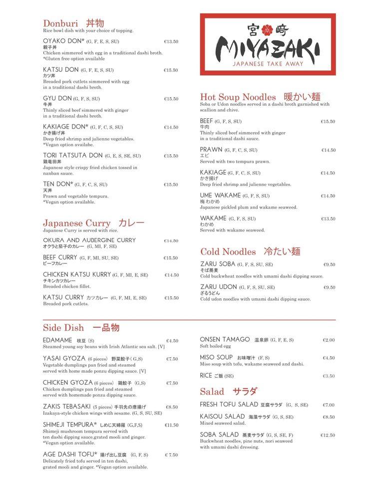 Menu at Miyazaki Japanese Take Away restaurant, Cork