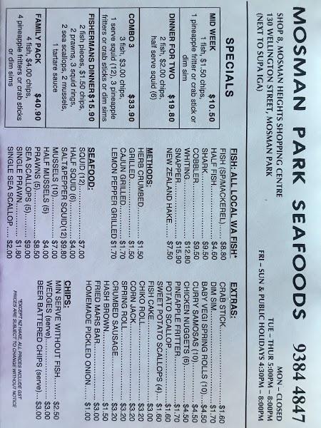 Menu at Mosman Park Seafoods restaurant, Mosman Park