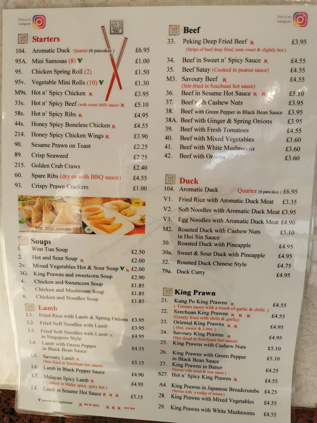 Menu at The Oriental fast food, Luton