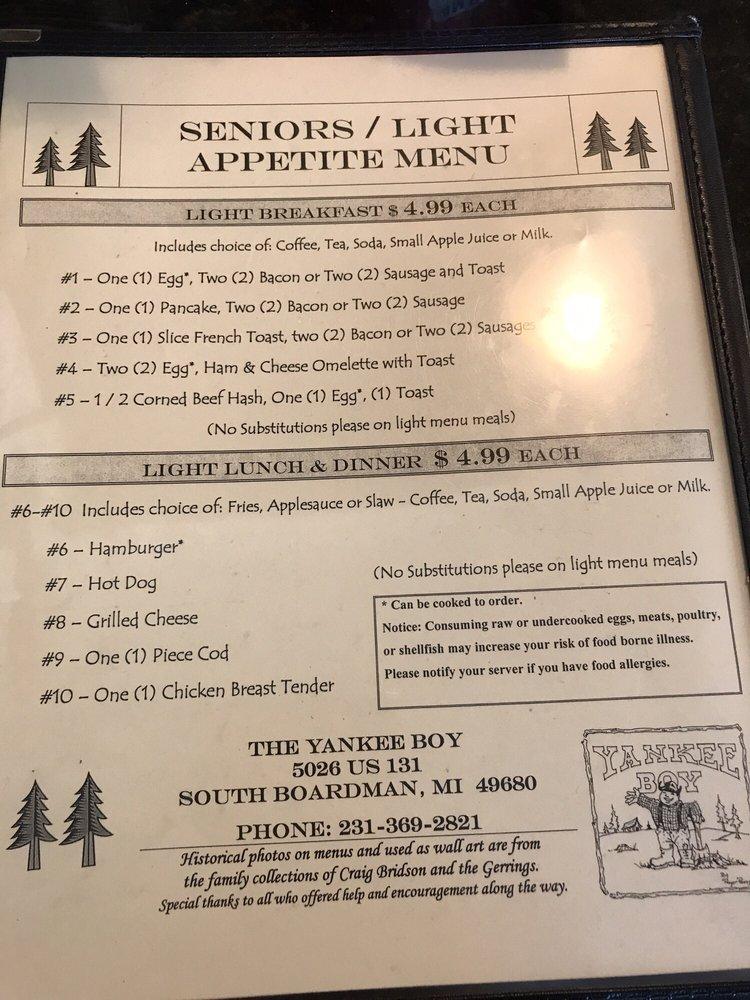 Menu at Yankee Boy Restaurant, South Boardman, US-131