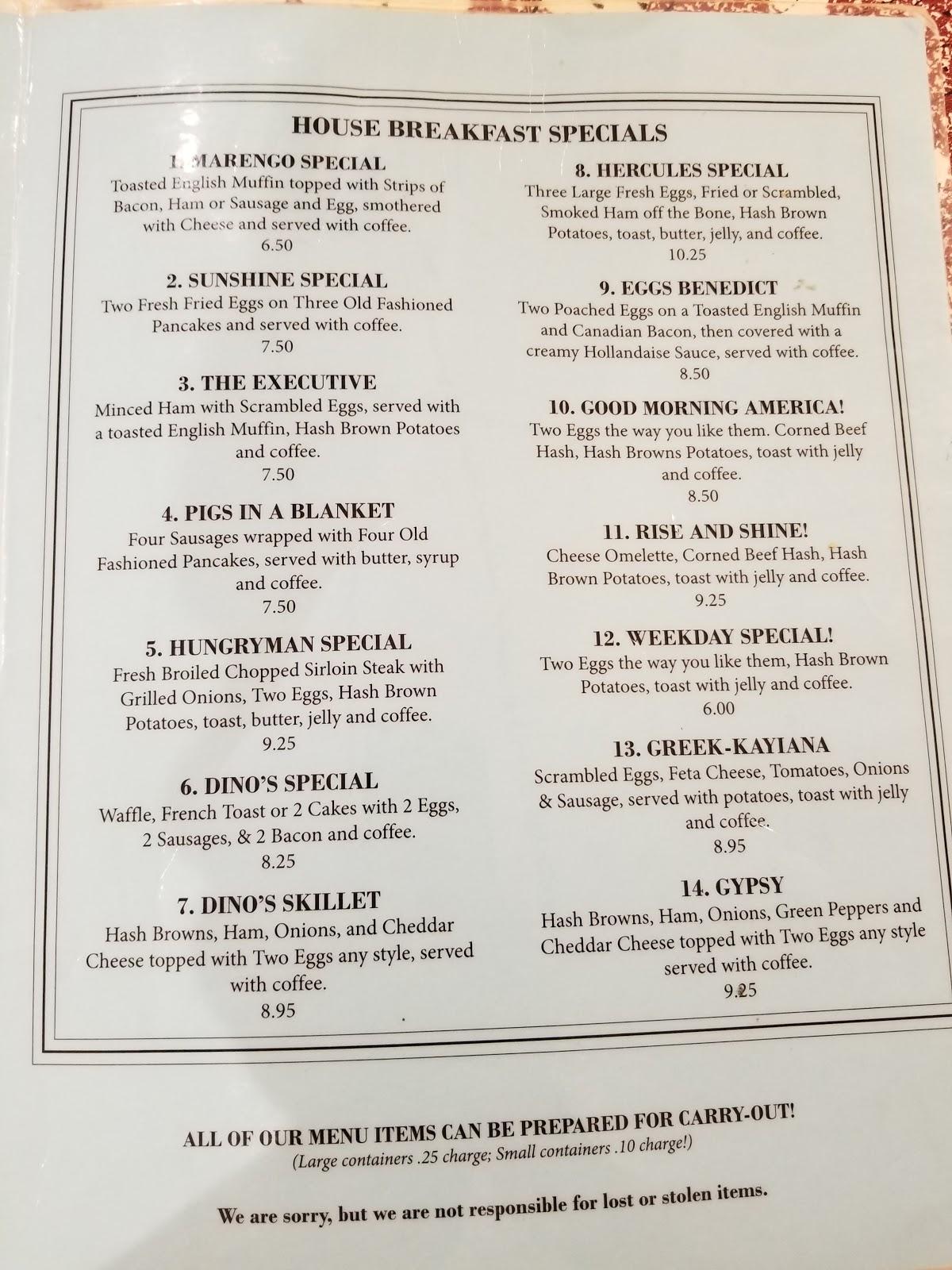 Menu at Dino's Restaurant, Marengo