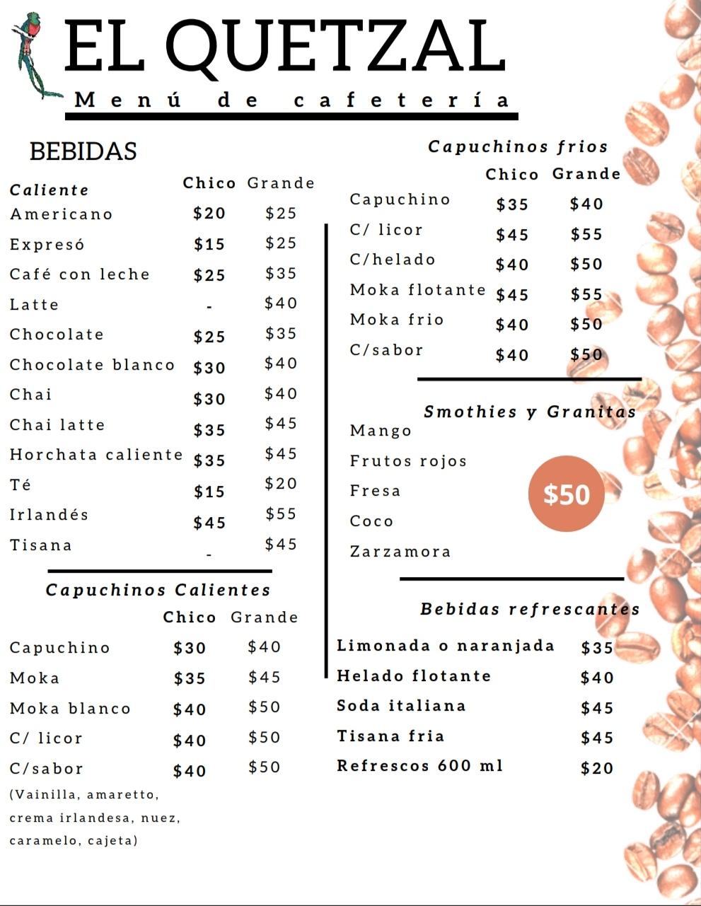 Menu at El Quetzal restaurant, Mexico, Manuel Gonzalez 113