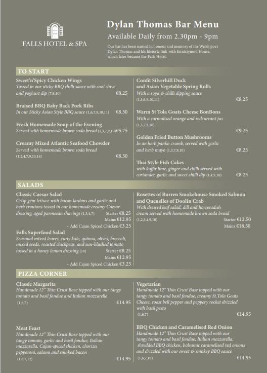 Menu at Falls Hotel & Spa restaurant, Ennistimon