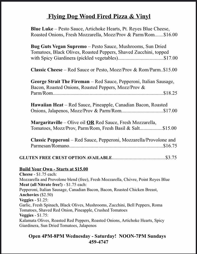 Menu at Flying Dog Wood Fired Pizza & Vinyl pizzeria, Willits