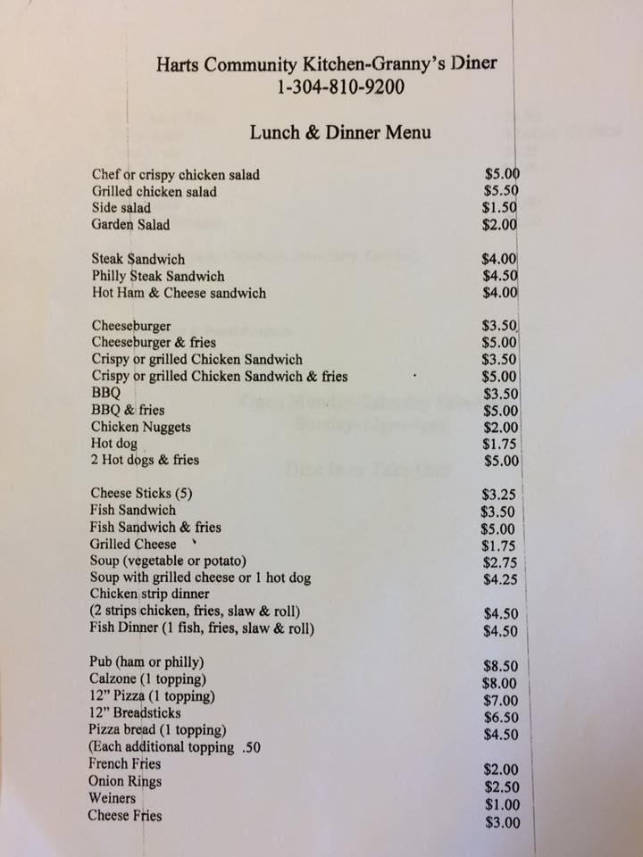 Menu at Harts Community Kitchen aka Granny’s Diner, Harts