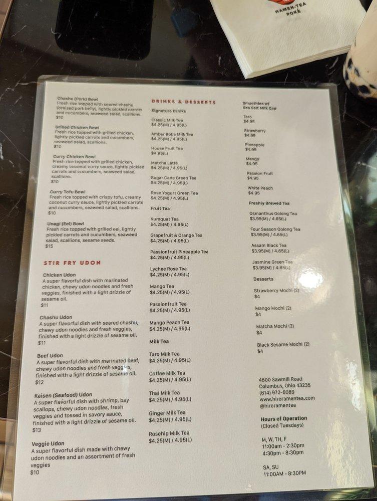 Menu at Hiro Ramen & Tea pub & bar, Columbus