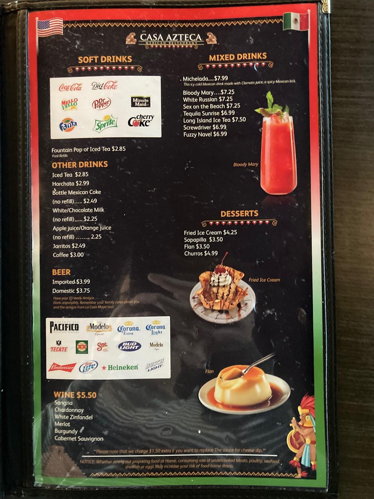 Menu at Huxley Casa Azteca Mexican Restaurant, Huxley