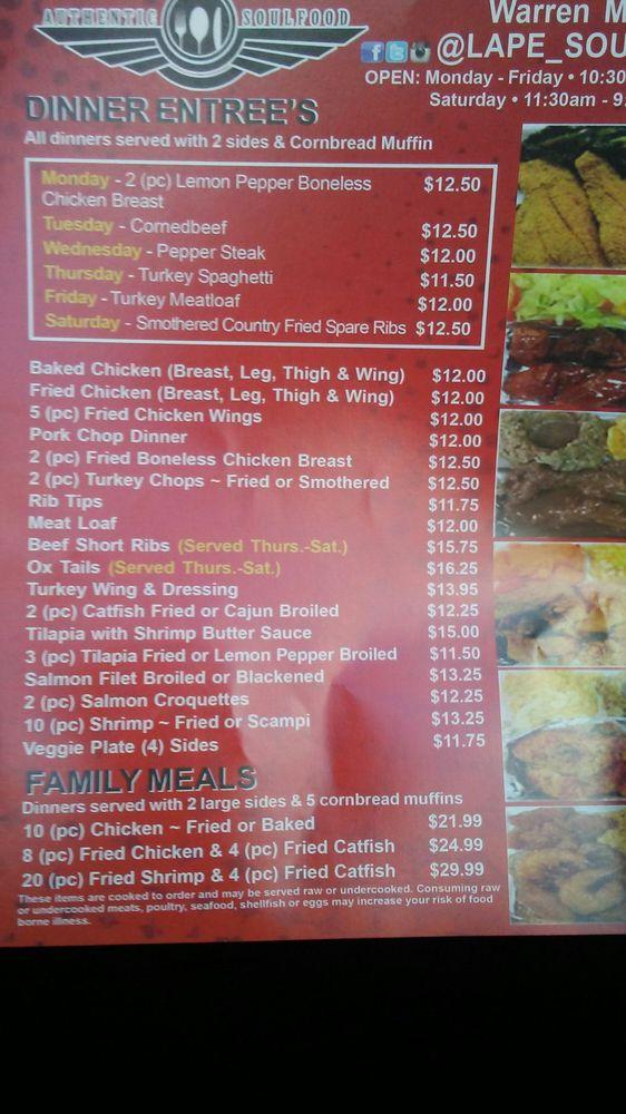 Menu at Lape Soul Food restaurant, Warren, Twelve Mile Rd