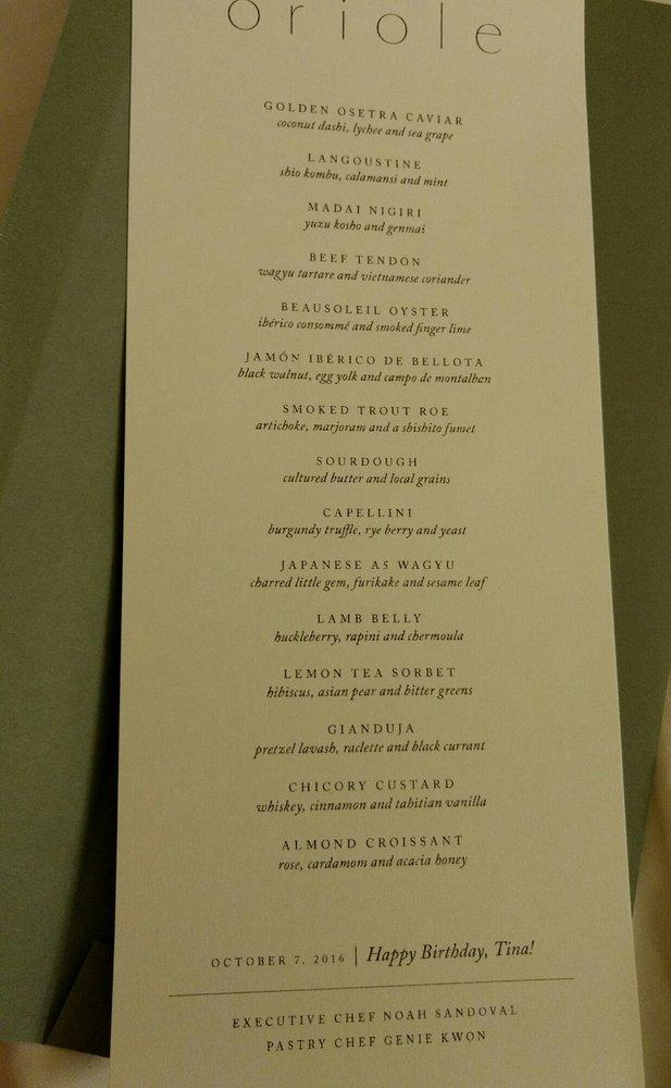 Menu at Oriole restaurant, Chicago