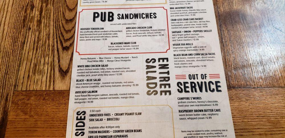 Menu at Proof 124 Table and Tavern pub & bar, Lawrenceburg