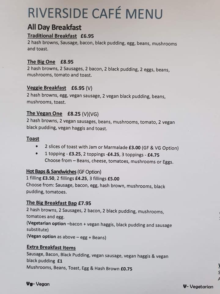 Menu at Riverside Cafe, Llanfairfechan