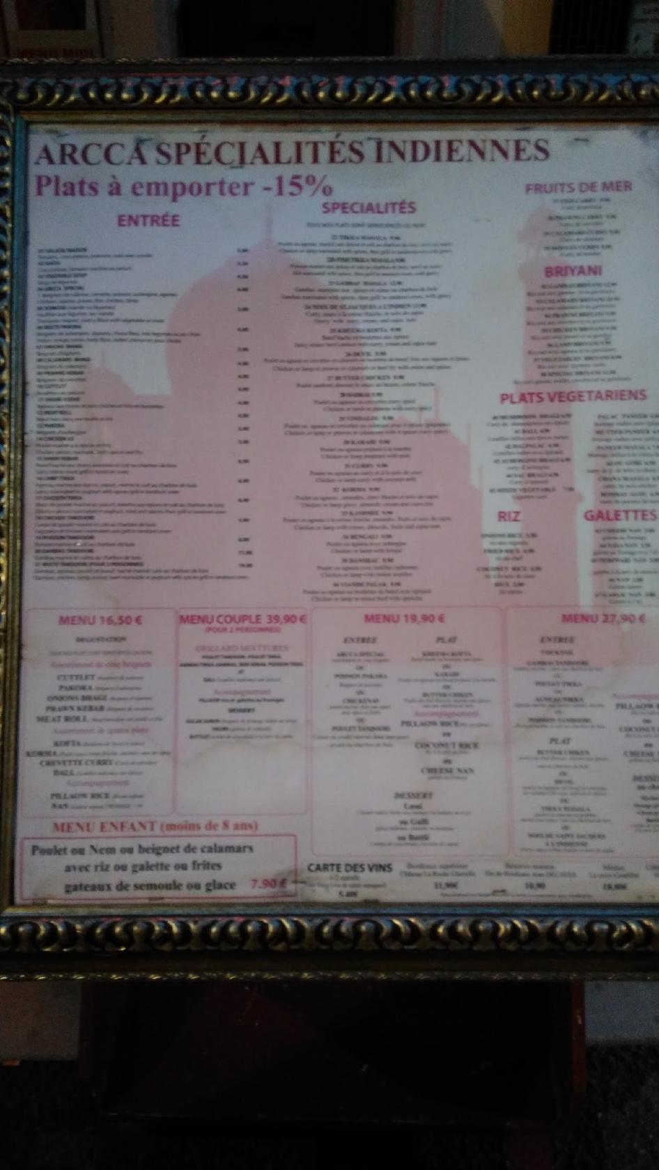 Menu at Arcca Indien Restaurant, Arcachon