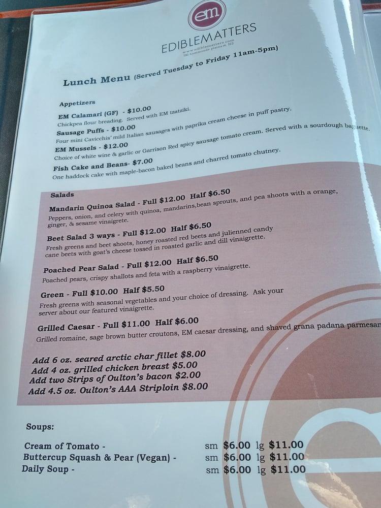 Menu au Edible Matters café, Upper Hammonds Plains