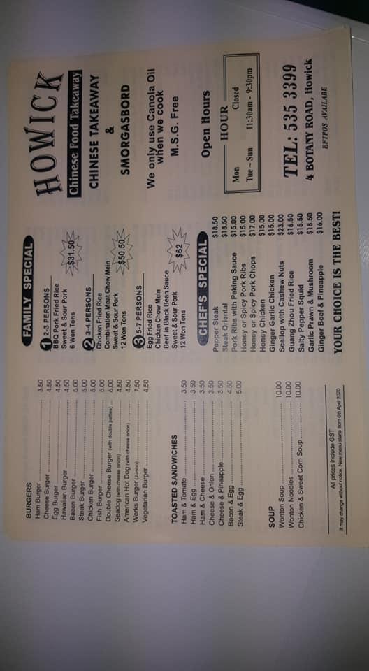 Menu at Howick Chinese Food Takeaways fast food, Auckland, 4 Botany Rd