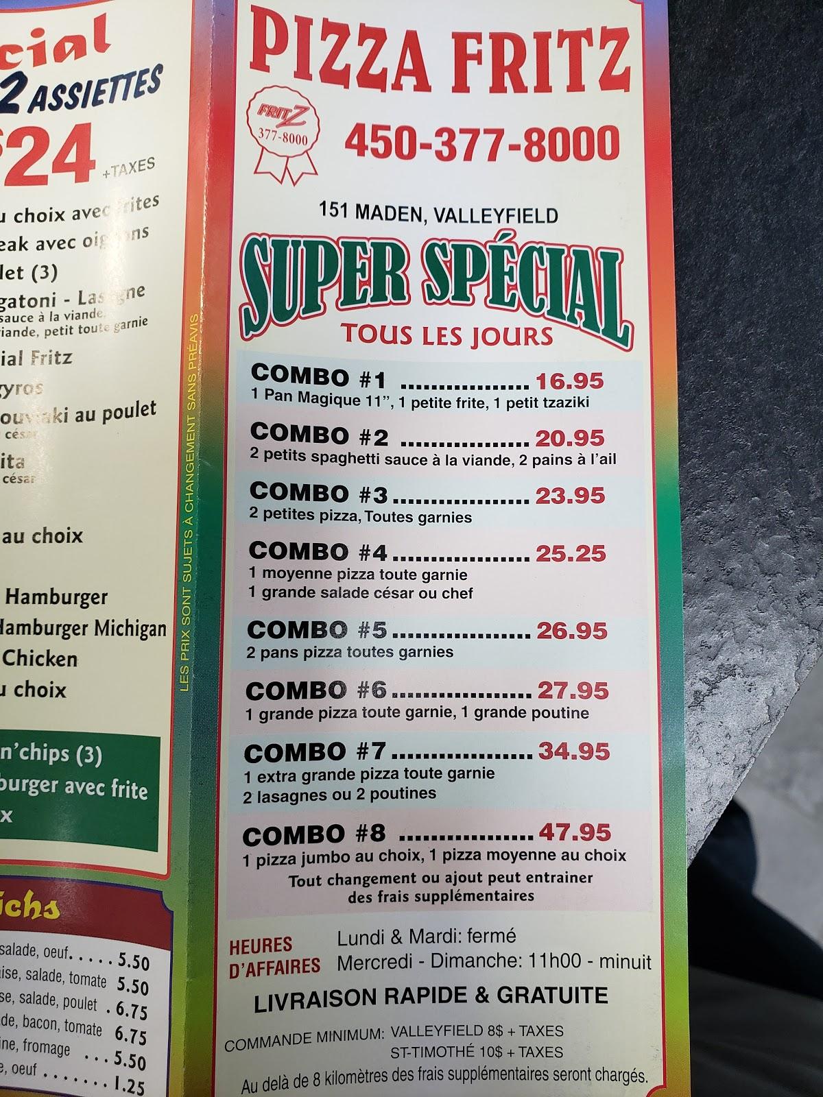 Menu at Pizza Fritz pizzeria, Salaberry-de-Valleyfield, 151 Rue Maden