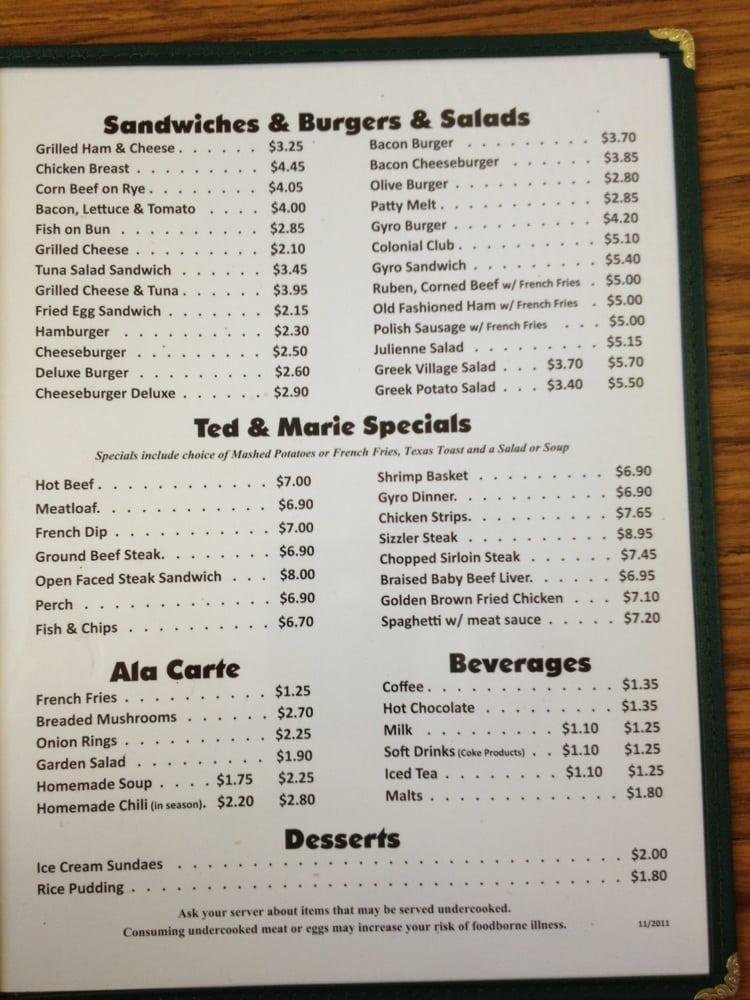 Menu at Ted & Marie's Colonial Inn restaurant, Oshtemo