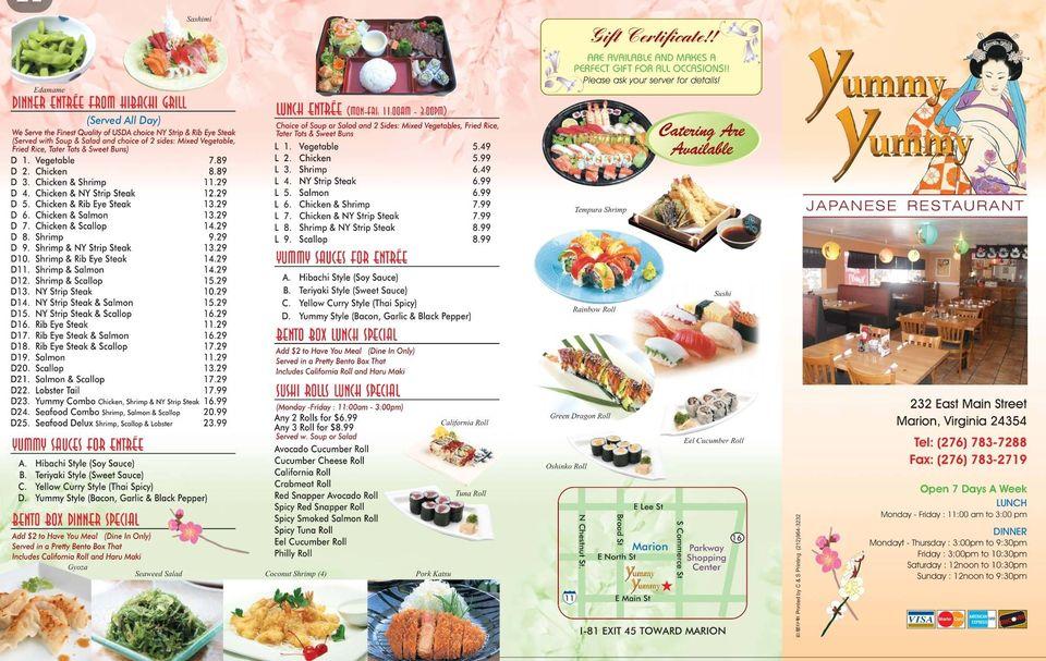 Menu at Yummy Yummy Japanese Restaurant, Marion