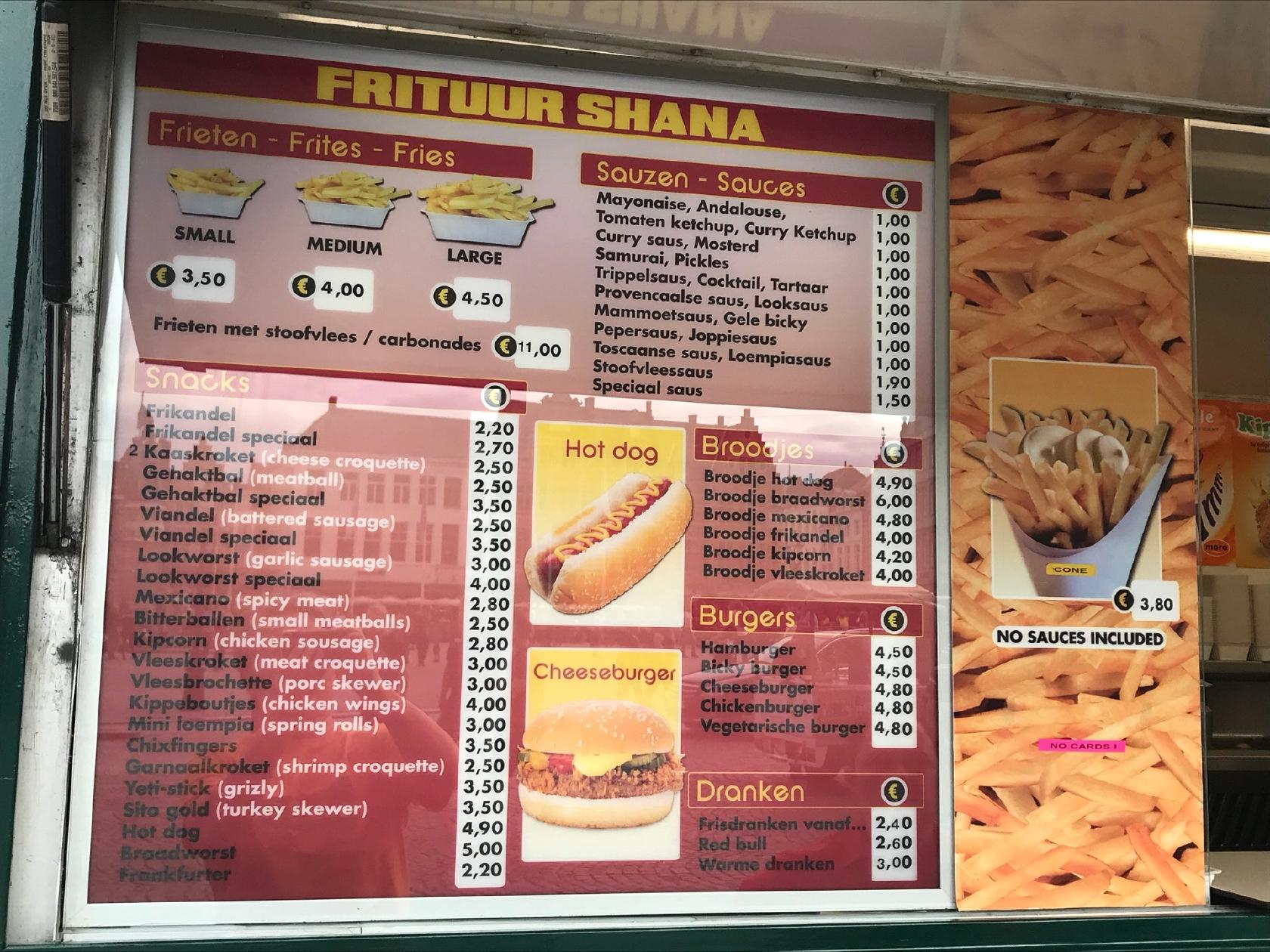 Menu at Frituur Shana, Bruges