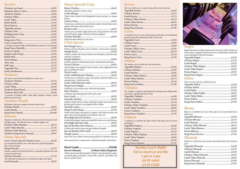 Menu at Curry Corner restaurant, West Wickham