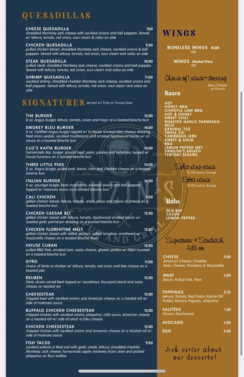 Menu at Cuzin’s Pub & Grill, Allentown